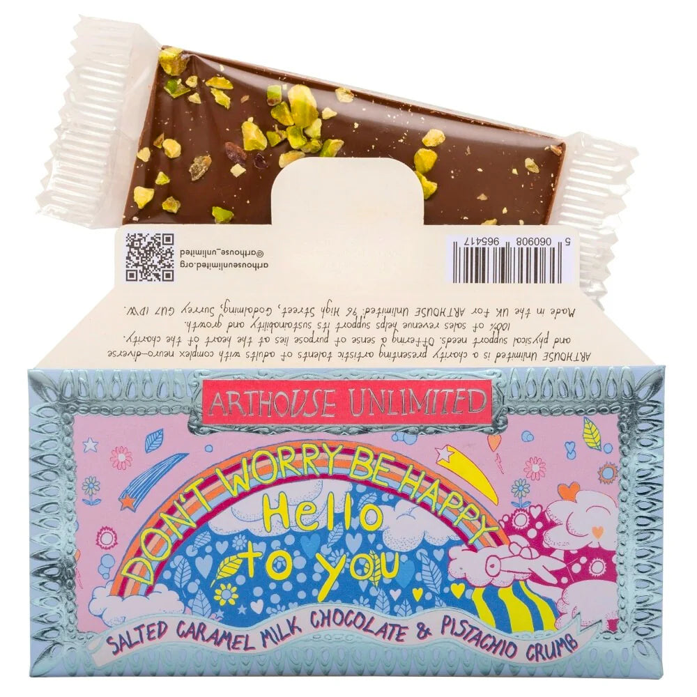 Joy Sized: Be Happy, Salted Caramel Milk Chocolate & Pistachio Crumb, – Hackney Essentials