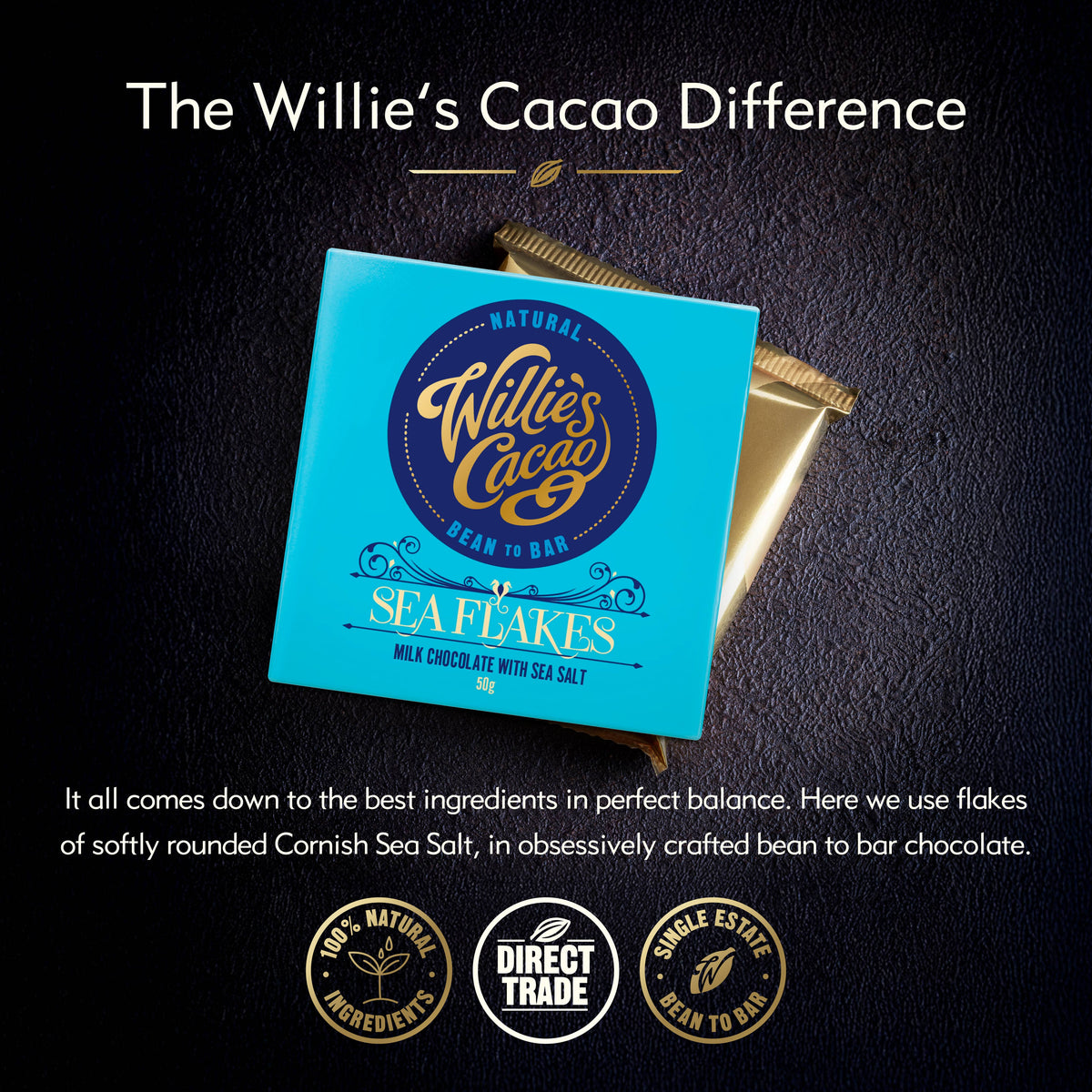 Sea Flakes. Milk chocolate with flakes of Sea Salt, Willie’s cacao 50g – Hackney Essentials